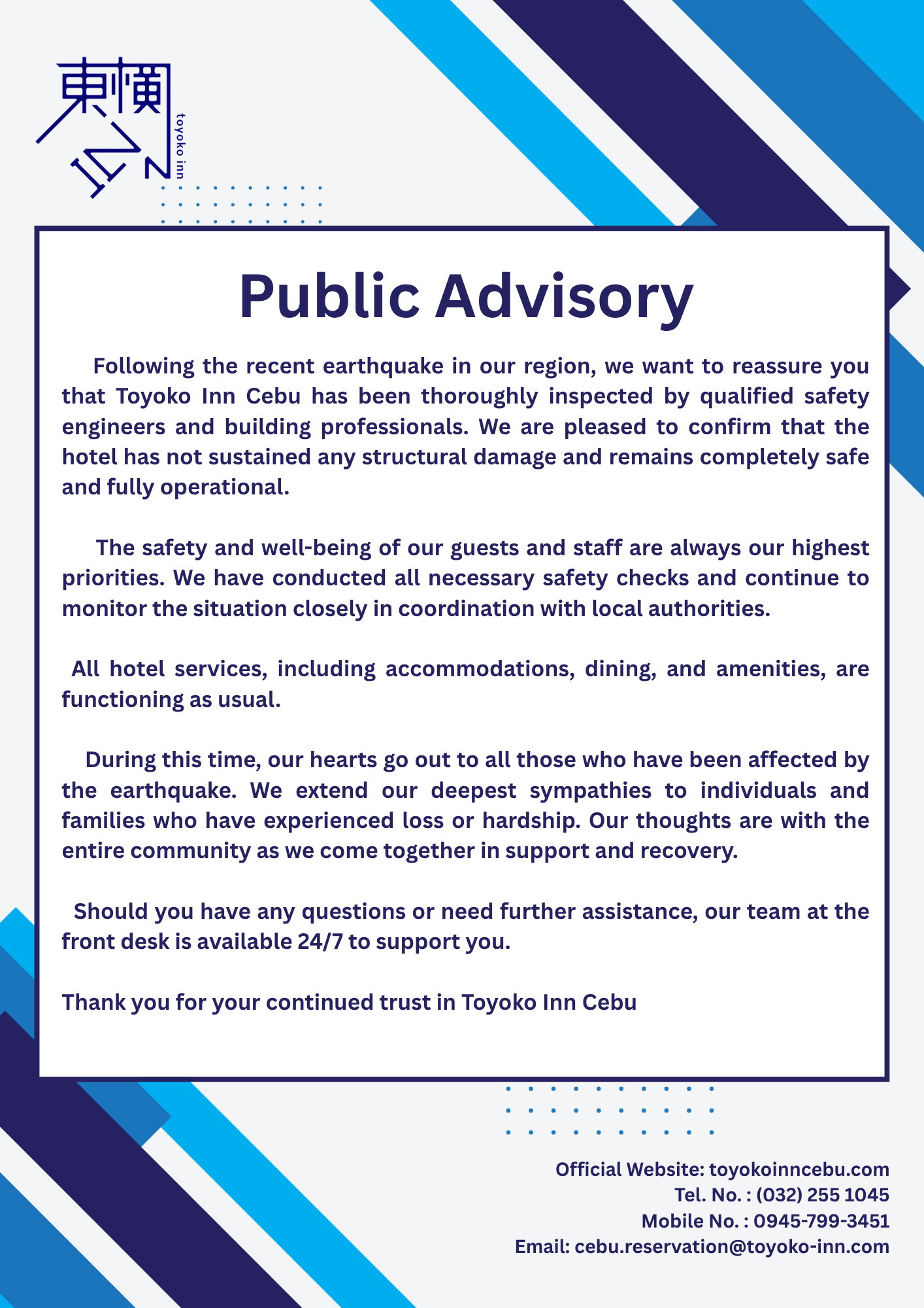 Public Advisory - [Official] Hotel Toyoko INN Cebu